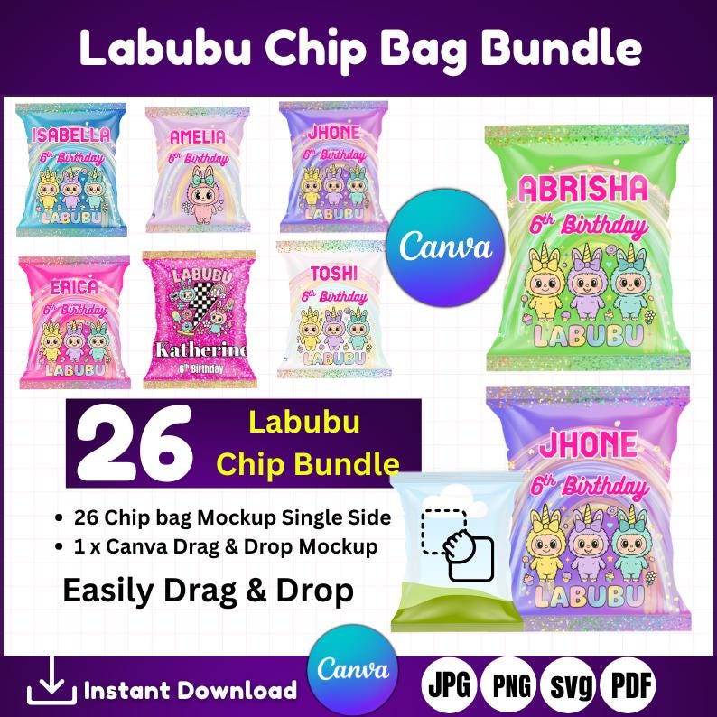 Labubu Chip Bag Template, Labubu Party Favors, Water Bottle Template ...