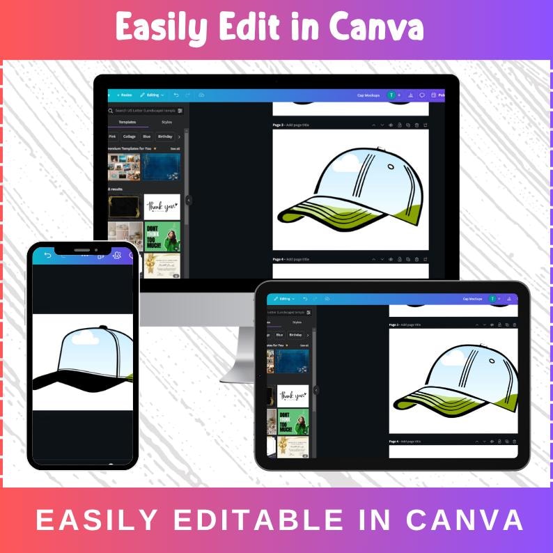Baseball Cap Canva Template, Trucker Hat Template, Baseball Cap ...