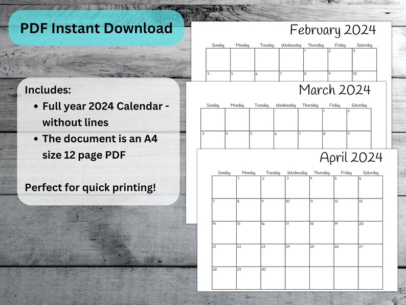 A4 Printable 2024 Calendar Dated, Full Year, Monthly Calendar, Unlined ...