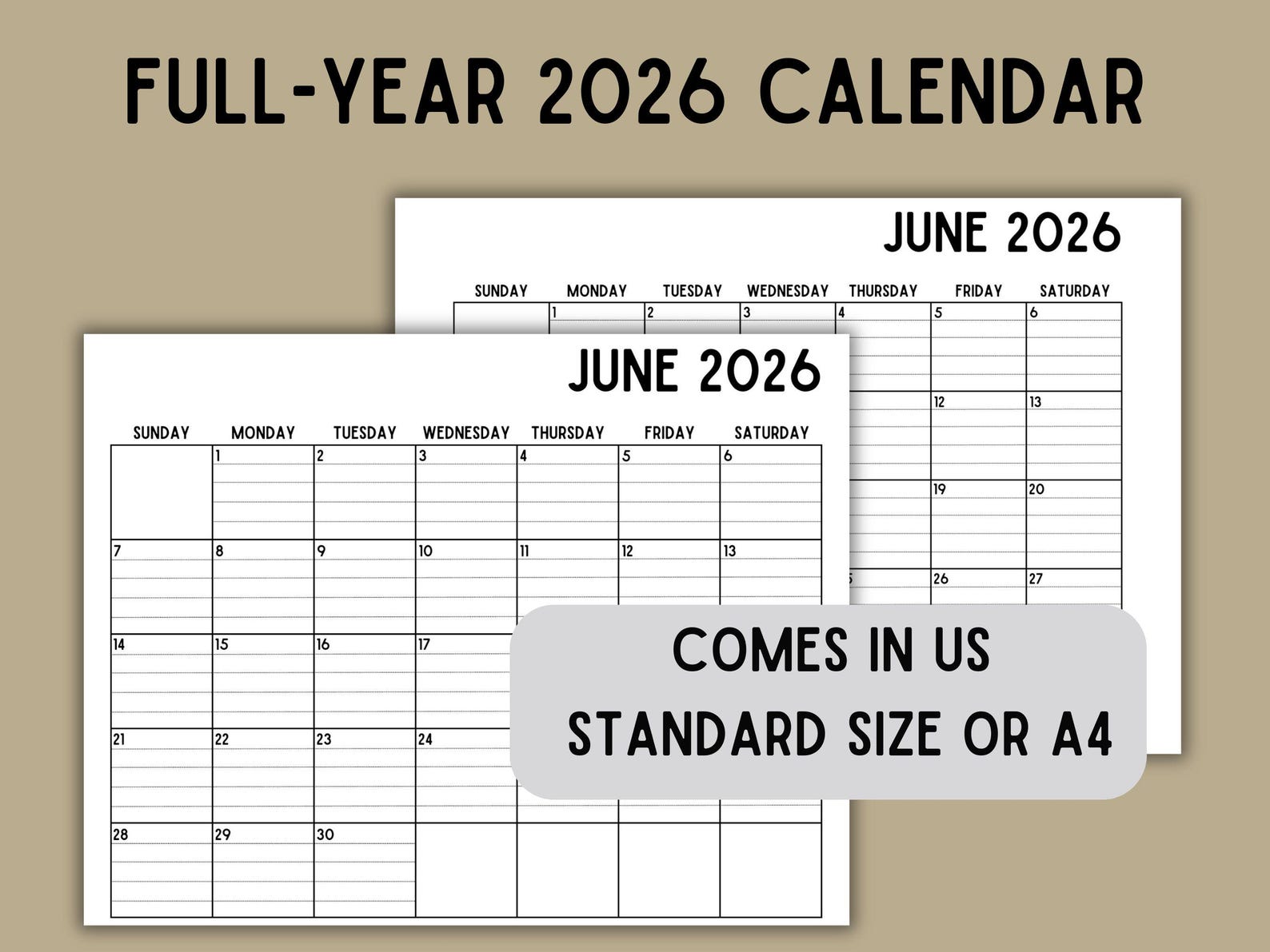 2026 Printable Dated Calendar - Full Year, Lined, Unlined, Minimalist ...