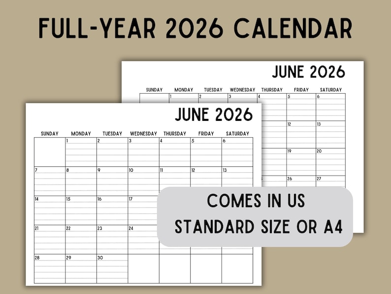 2026 Printable Dated Calendar - Full Year, Lined, Unlined, Minimalist ...