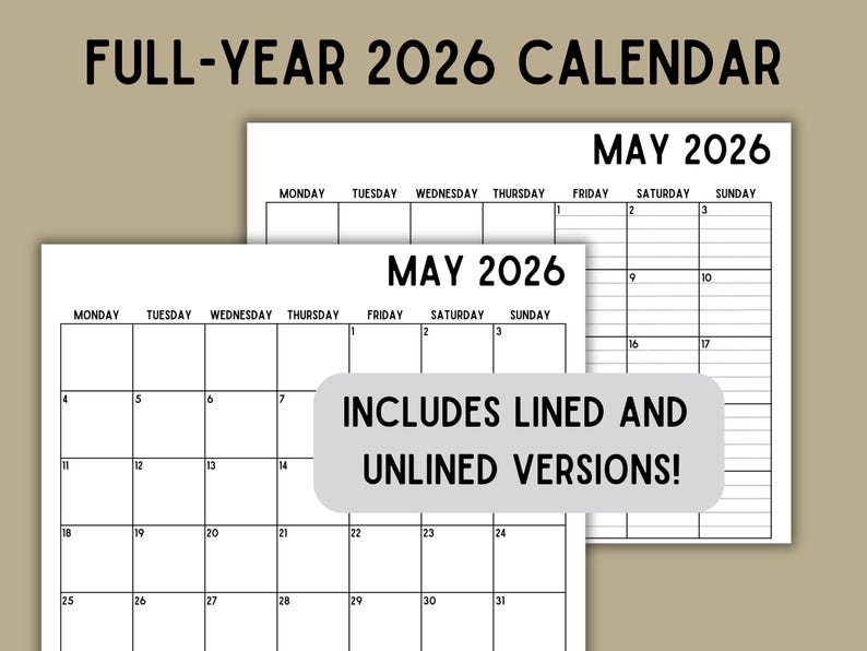 2026 Printable Dated Calendar - Full Year, Lined, Unlined, Minimalist ...