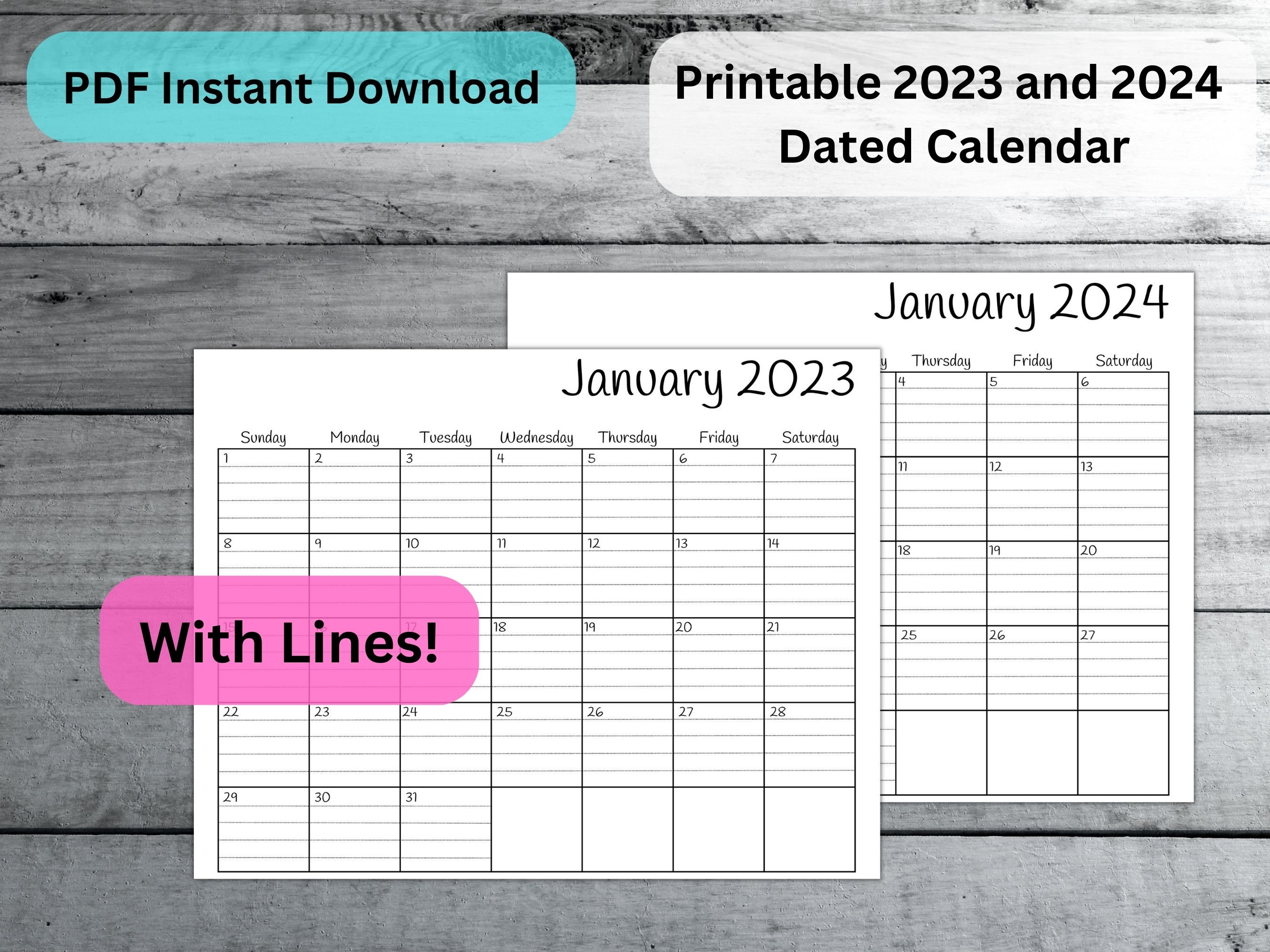 Printable 2023 and 2024 Dated Calendar Full Year Calendar, With Lines ...