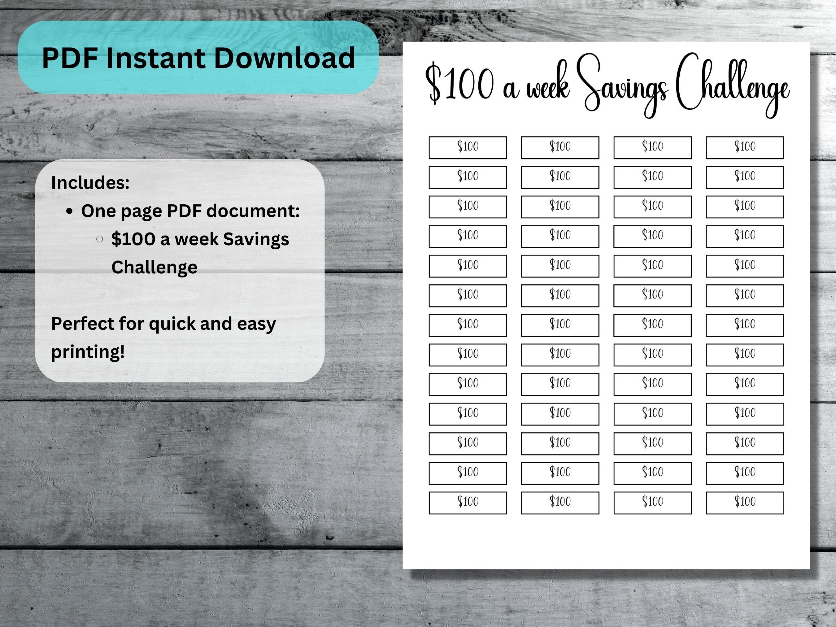 100 a Week Savings Goal Tracker- Save 100 a Week for a Full Year! - Etsy