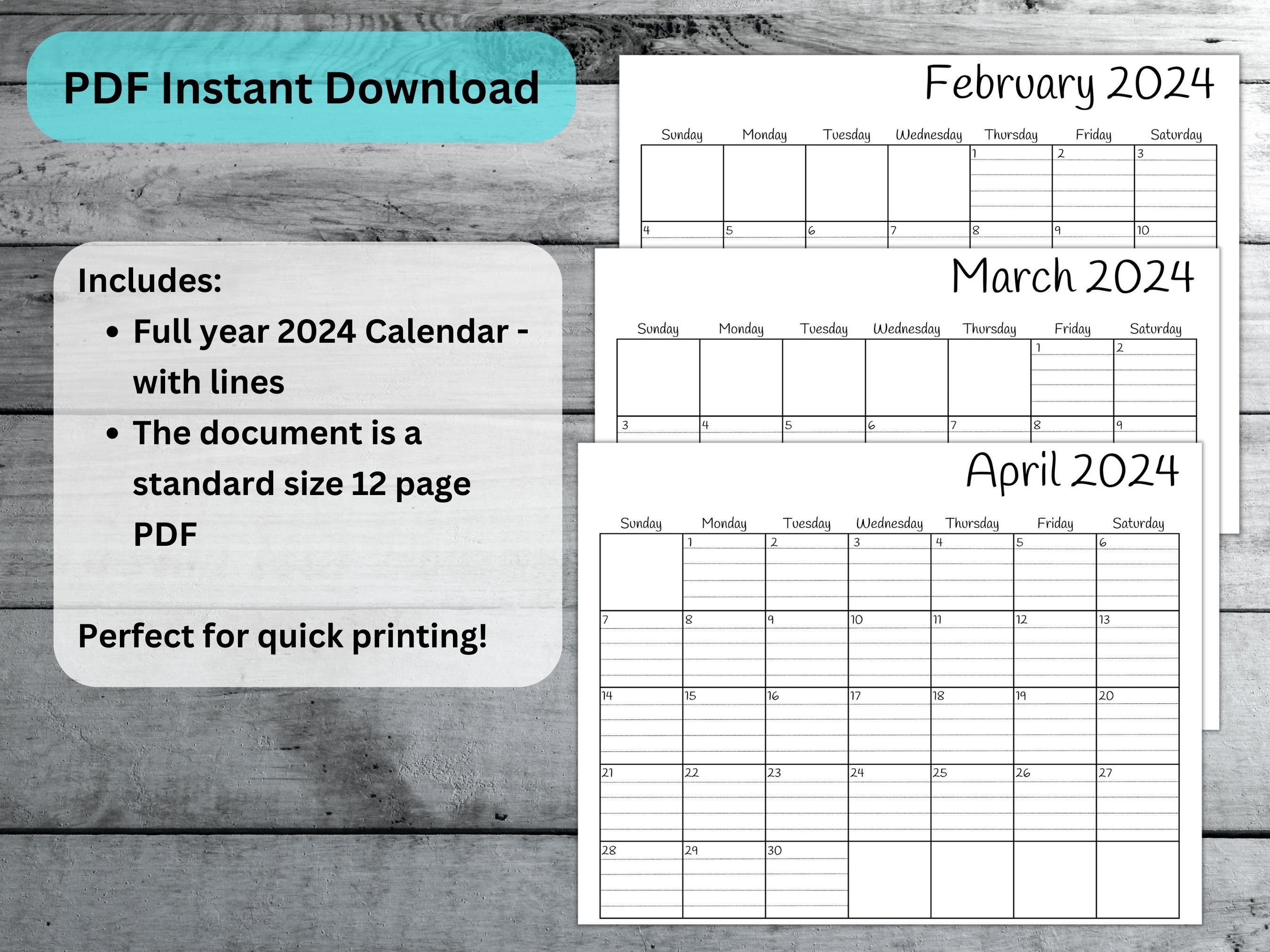 Dated & Lined 2024 Calendar Printable Monthly Calendar for the Full ...