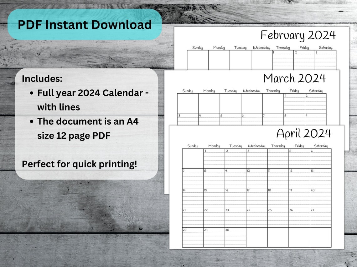 A4 Size Dated & Lined 2024 Calendar Printable Monthly Calendar for the ...