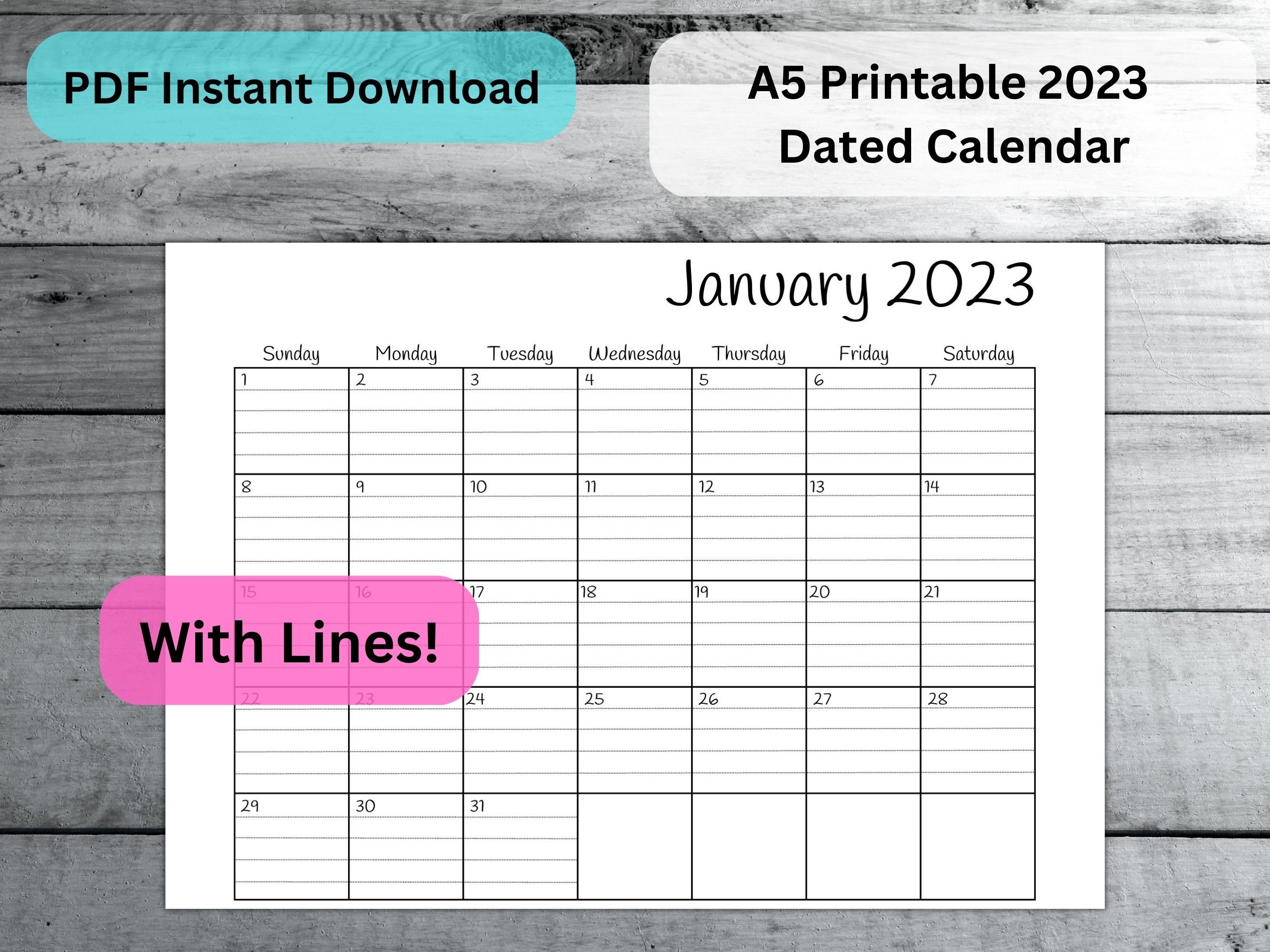 A5 Printable 2023 Dated Calendar With Lines - Etsy