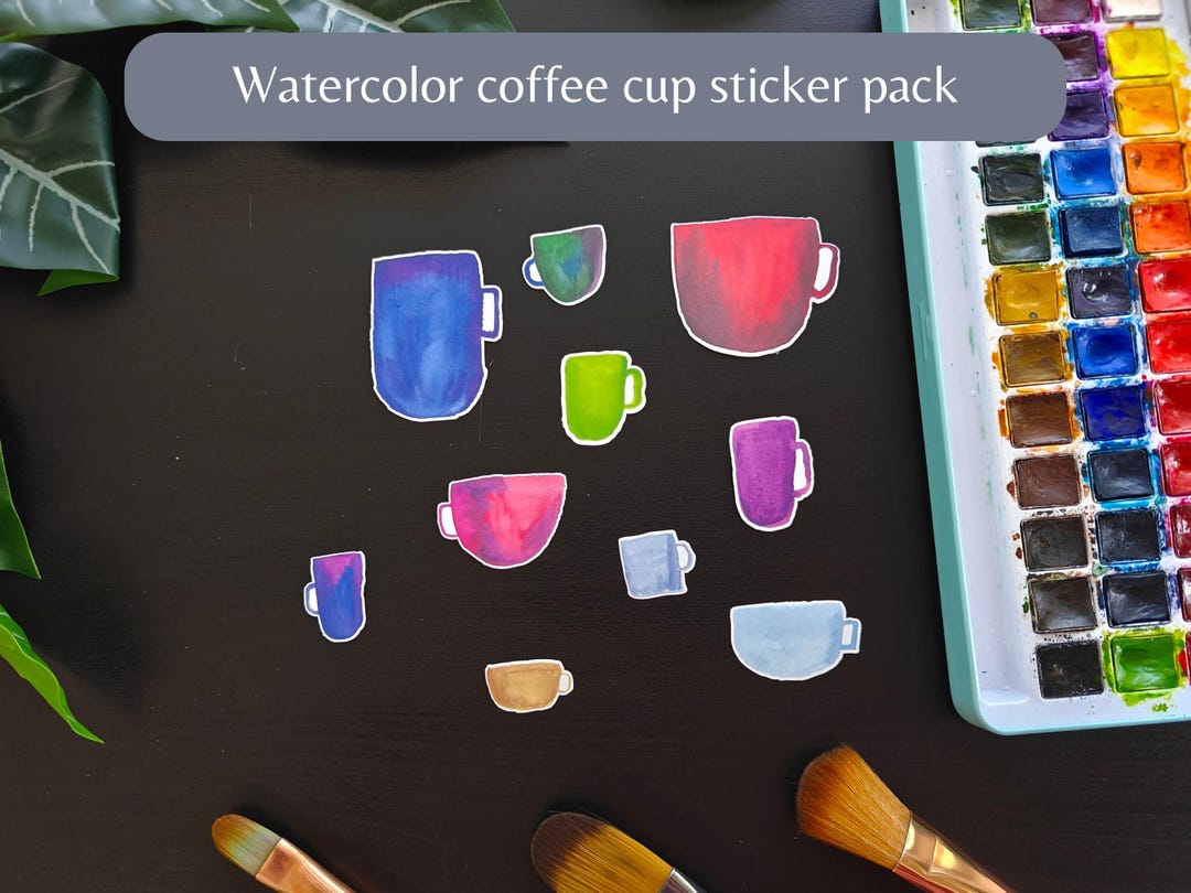 Hand Painted Watercolor Sticker Pack - 10 Coffee Cup Stickers, Original ...