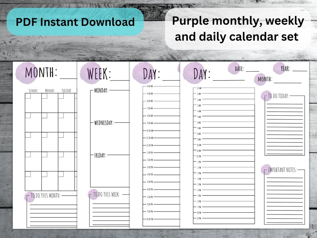 Purple Monthly, Weekly and Daily Calendar Set - Etsy