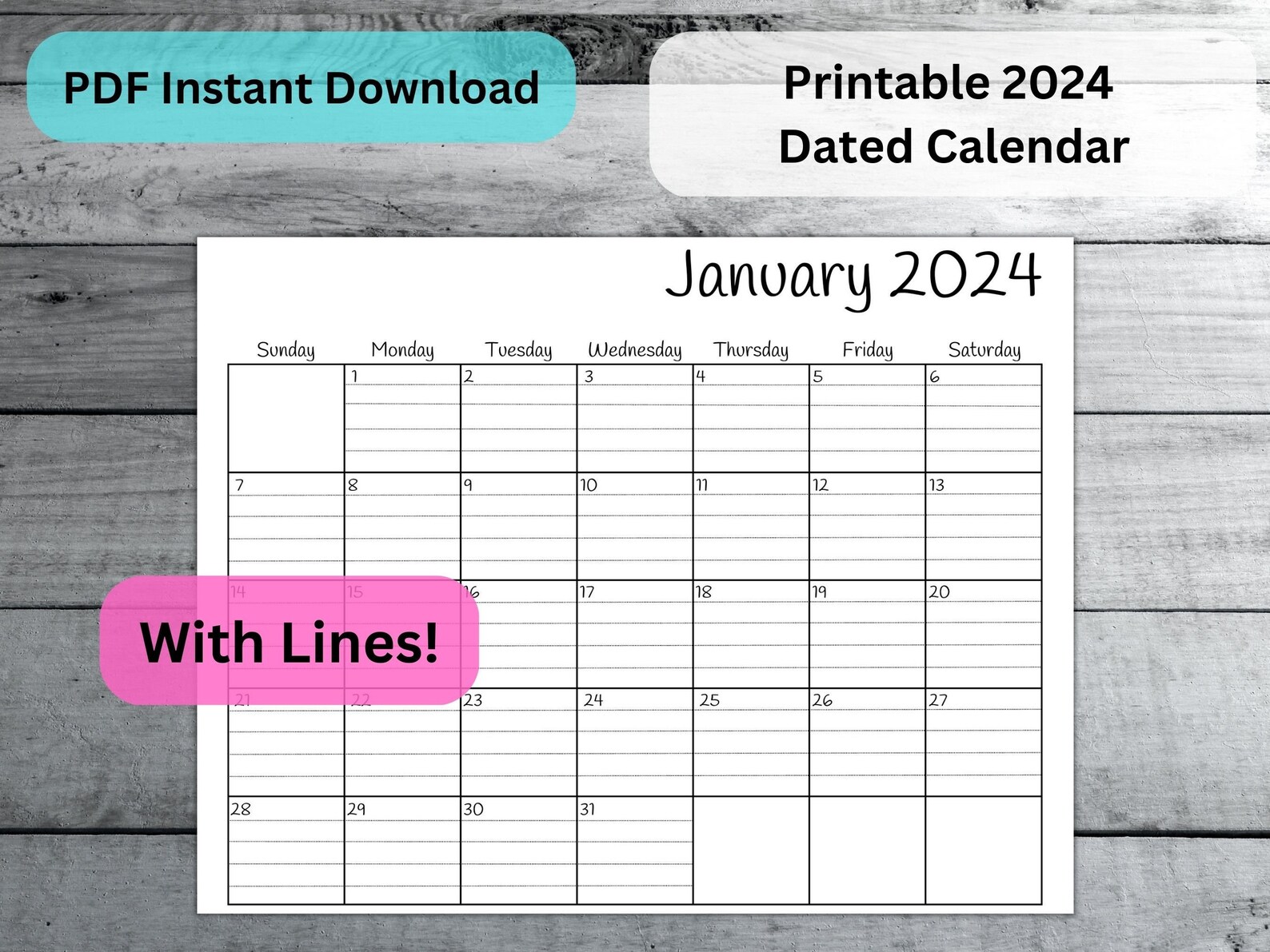 Dated & Lined 2024 Calendar Printable Monthly Calendar for the Full ...