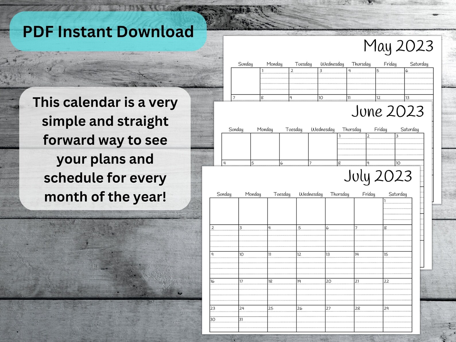 Printable 2023 and 2024 Dated Calendar Full Year Calendar, With Lines ...