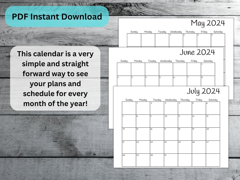 A4 Printable 2024 Calendar Dated, Full Year, Monthly Calendar, Unlined ...