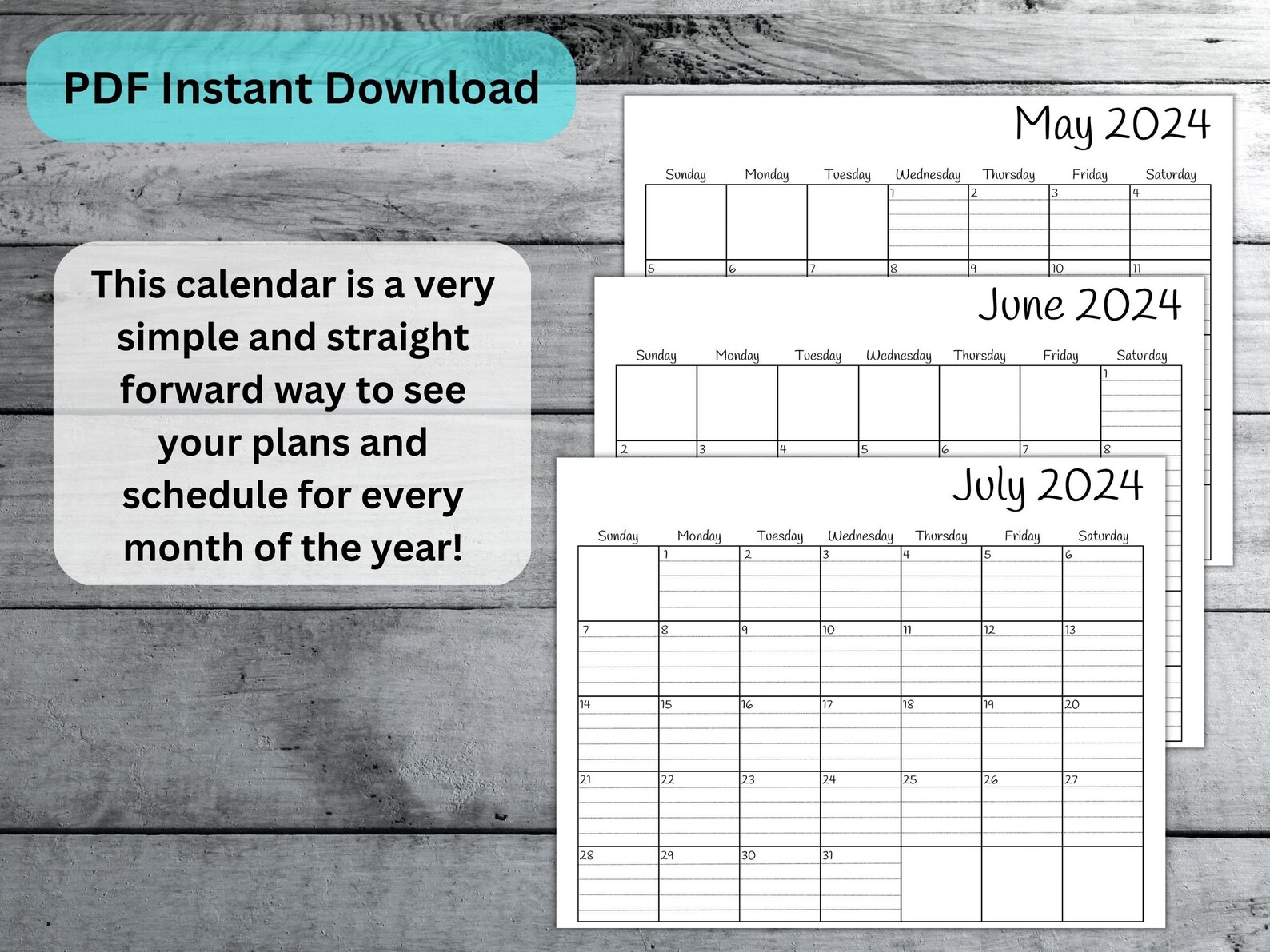 Dated & Lined 2024 Calendar Printable Monthly Calendar for the Full ...