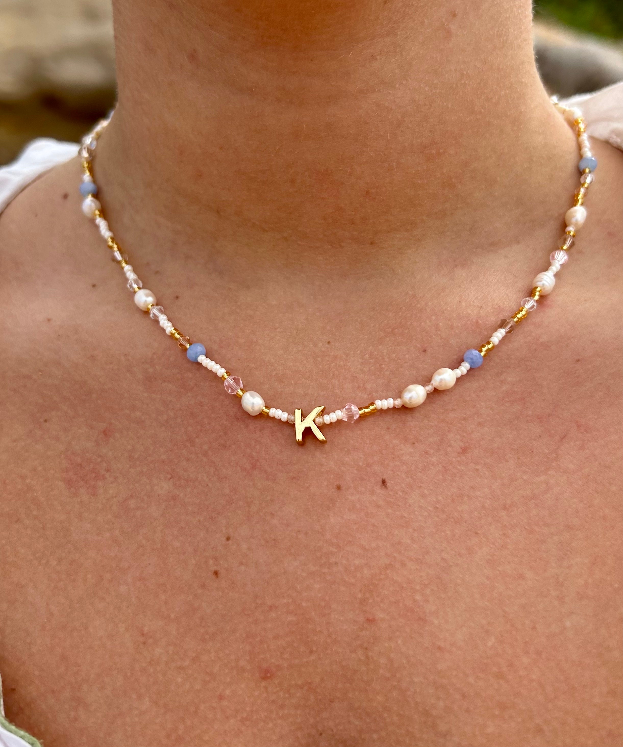 Gold Initial Charm Necklace Freshwater Pearls Light Pink and Blue Beads Letter Charm ...