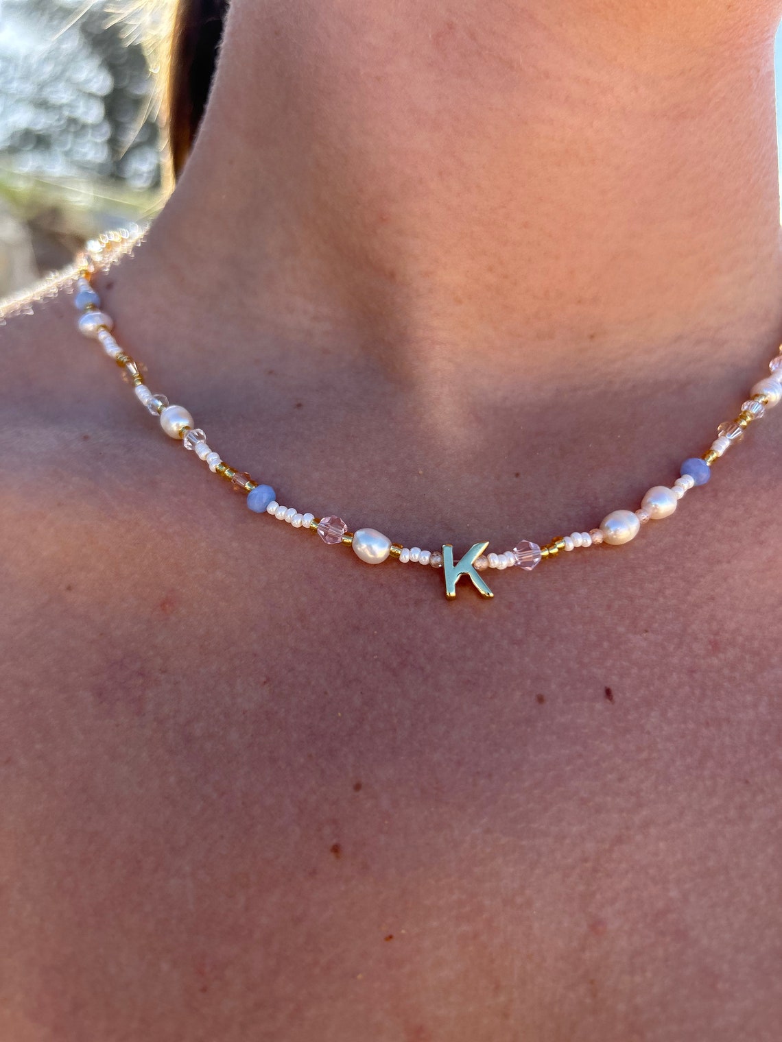 Gold Initial Charm Necklace Freshwater Pearls Light Pink and Blue Beads Letter Charm ...