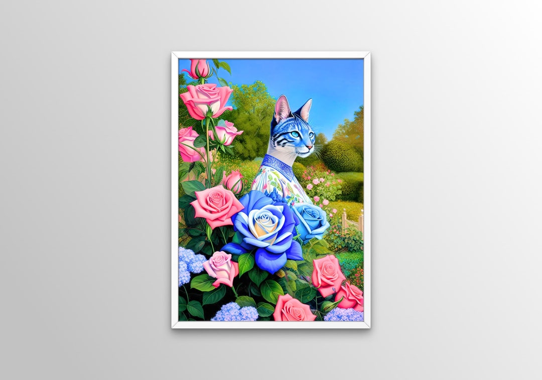 Blue Anthropomorphic Cat Wall Art, Printable Blue Roses Wall Art ...