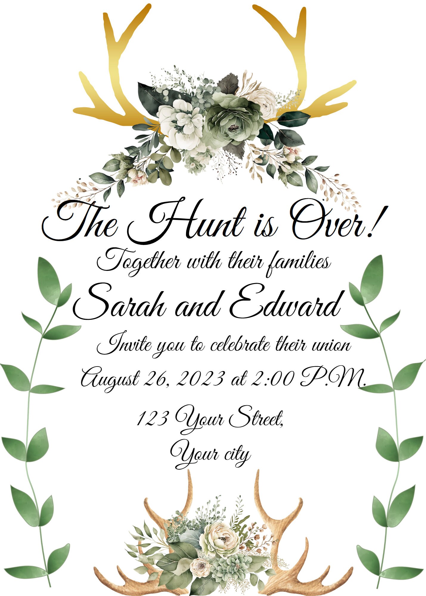 The Hunt is Over Sage Green Wedding Invitation Template Package digital ...