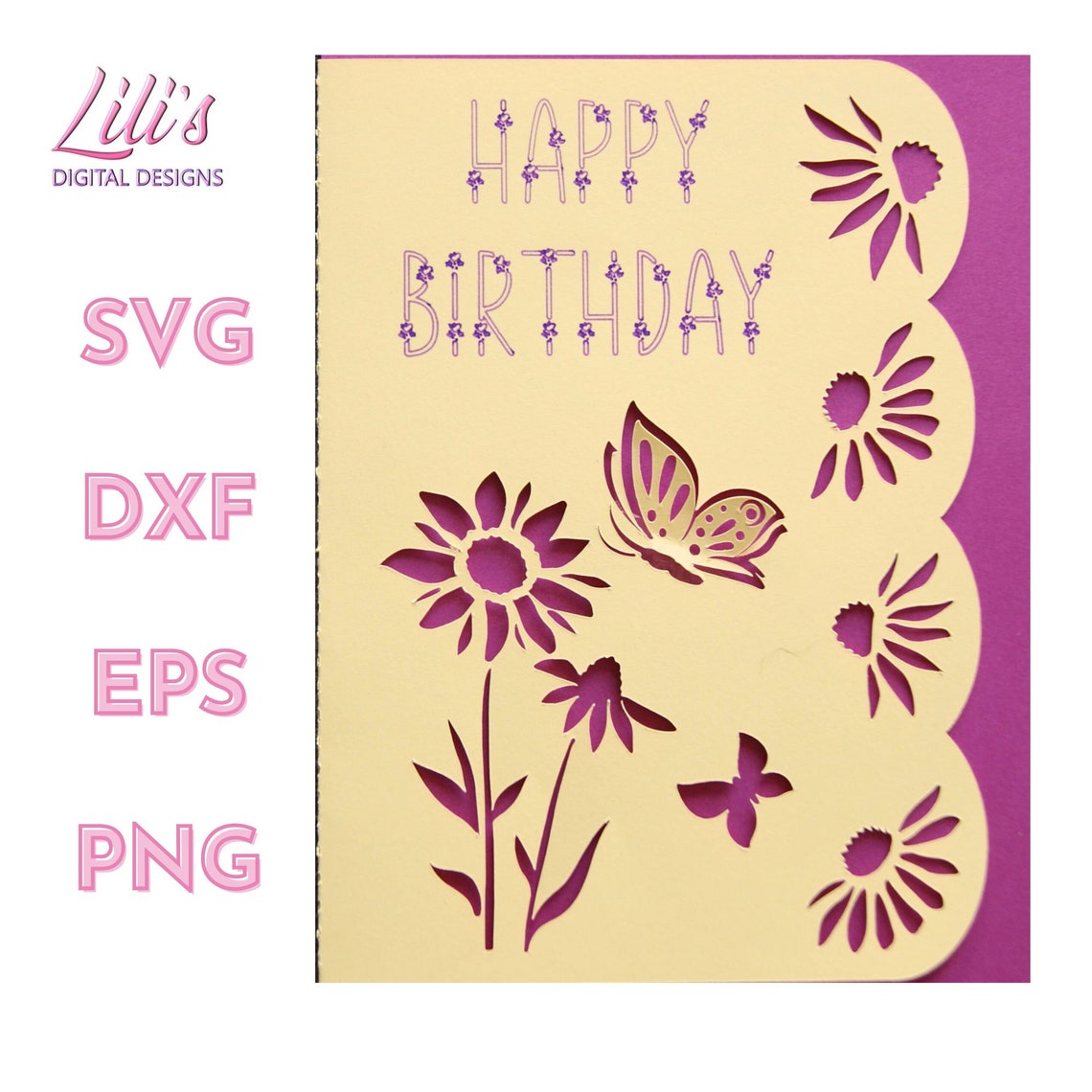 Daisy and Butterfly Birthday Card, Two Versions for Cut or Pen Wording ...