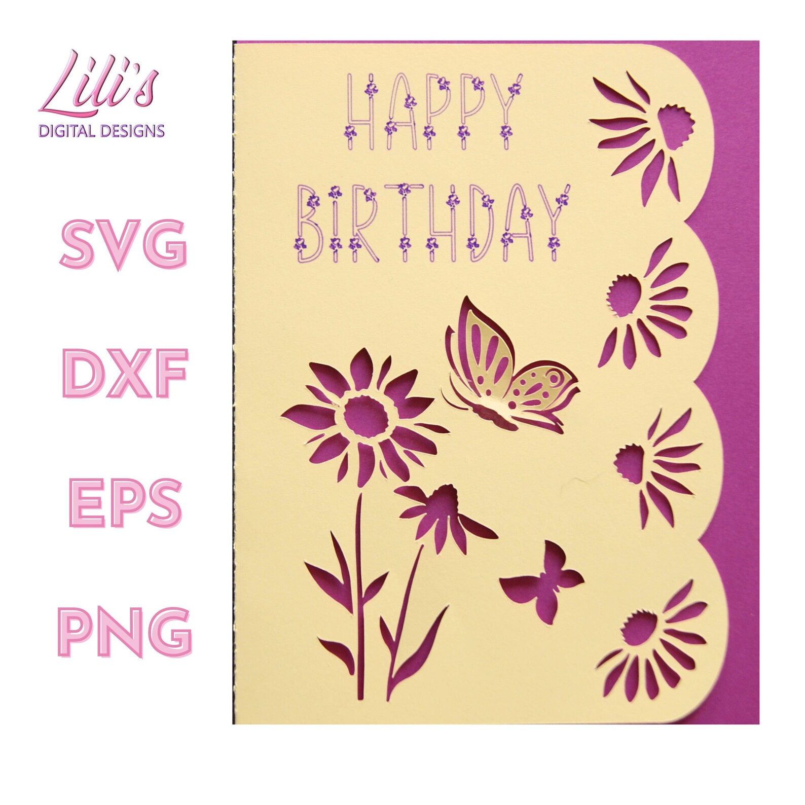 Daisy and Butterfly Birthday Card, Two Versions for Cut or Pen Wording ...