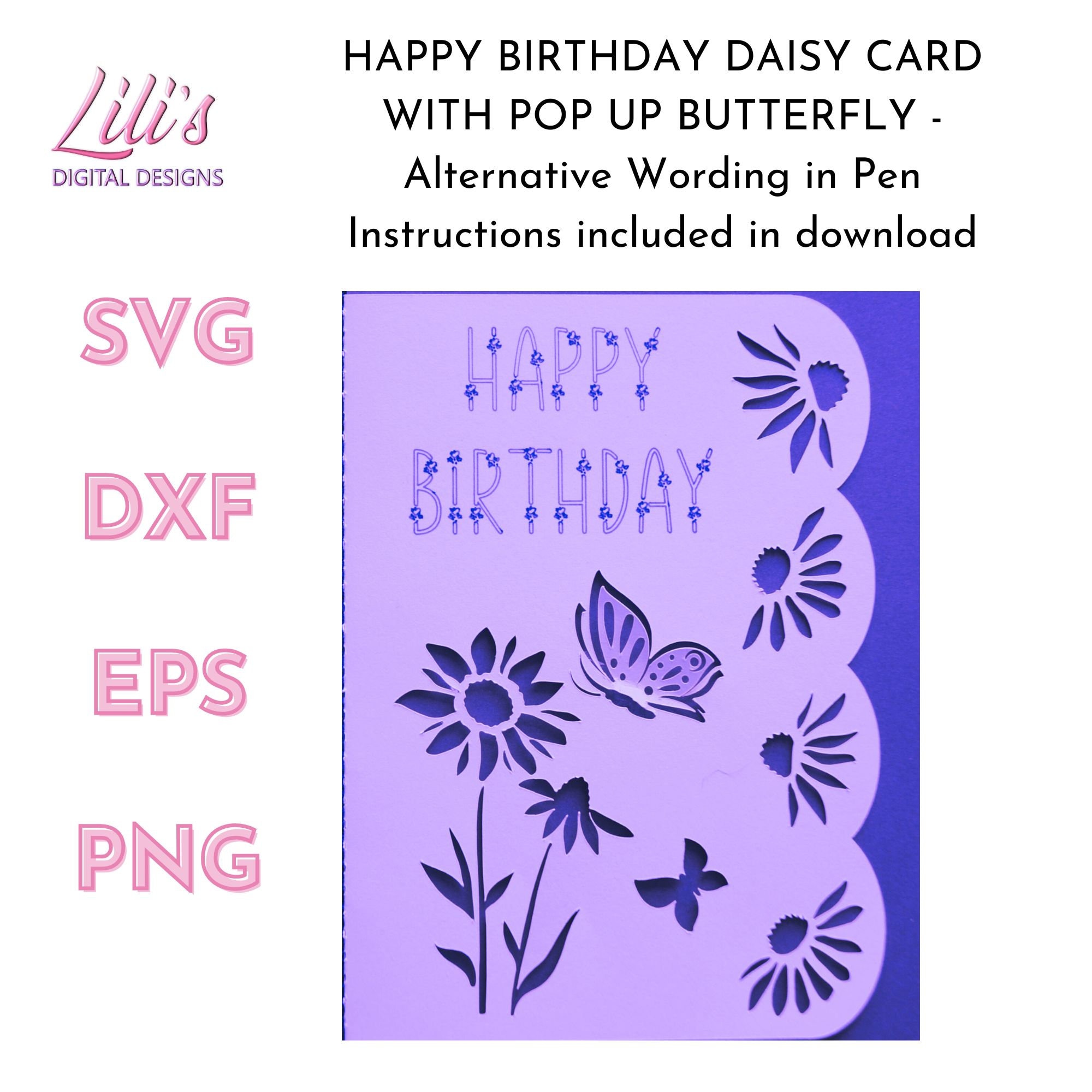Daisy and Butterfly Birthday Card, Two Versions for Cut or Pen Wording ...