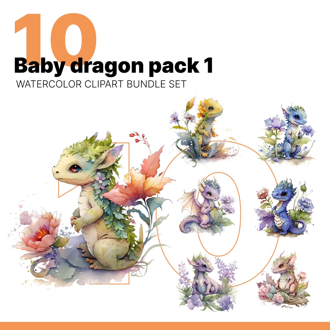 Digital Watercolor Dragon Clipart Set Colorful Fantasy - Etsy