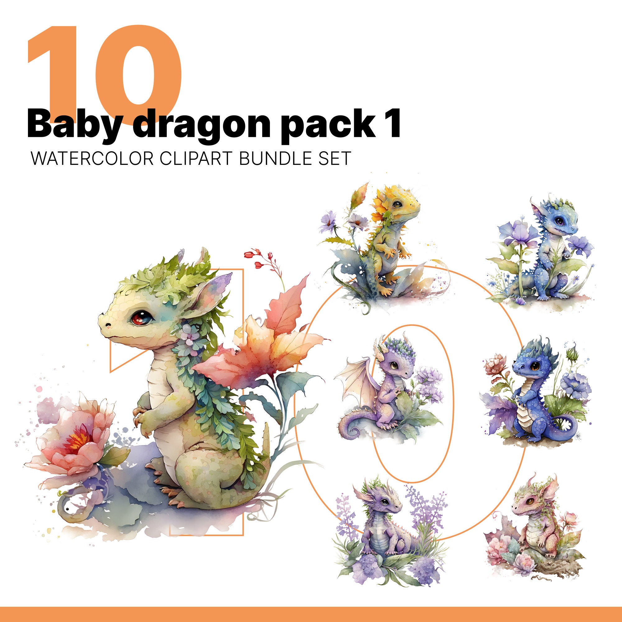 Digital Watercolor Dragon Clipart Set Colorful Fantasy - Etsy