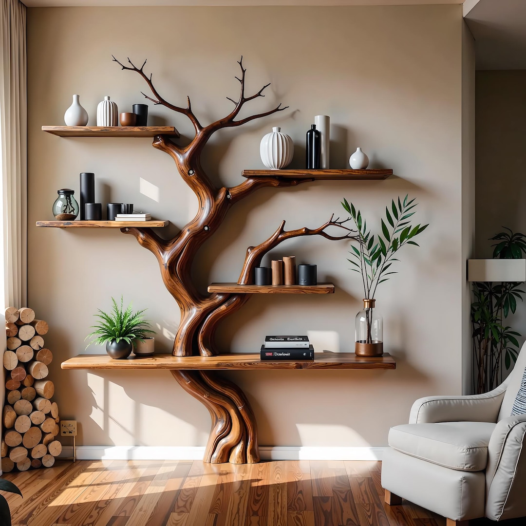 Natural Wooden Tree Bookshelf – Unique Design Inspired by Nature . - Etsy