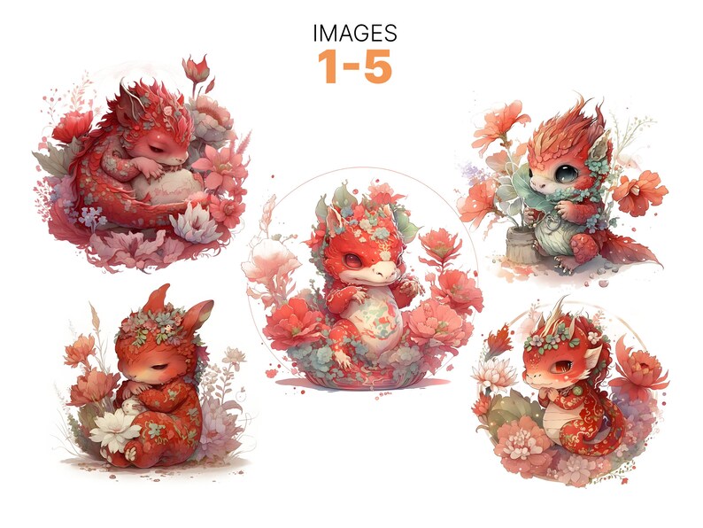 Cute Flower Dragon Baby Clip Art Set Instant Download - Etsy