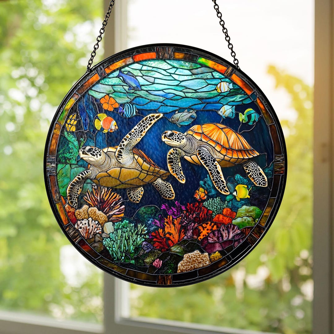 Stained Glass Sea Turtle Suncatcher: Coral Reef Ocean Window Hanging - Etsy