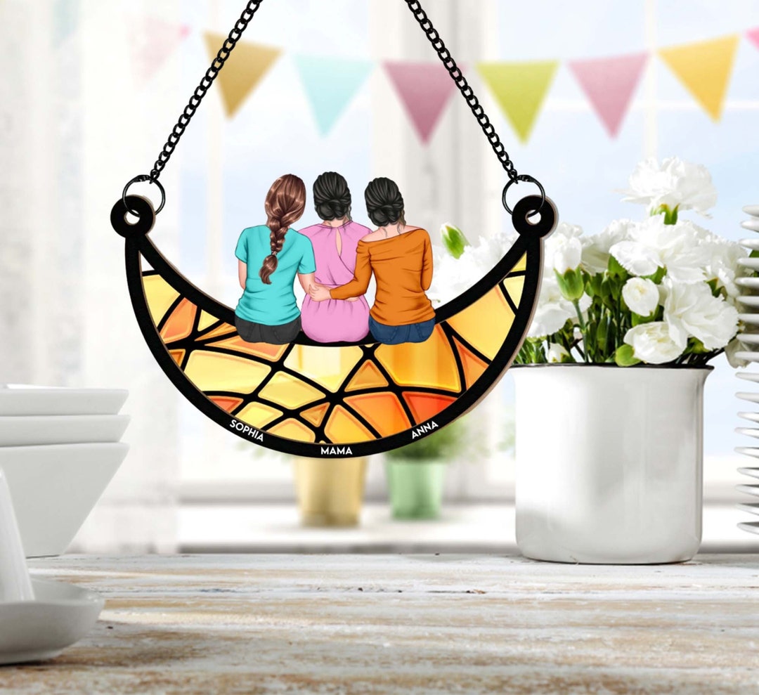 Personalized Mother & Daughter Sitting on the Moon Suncatcher, Mother's ...