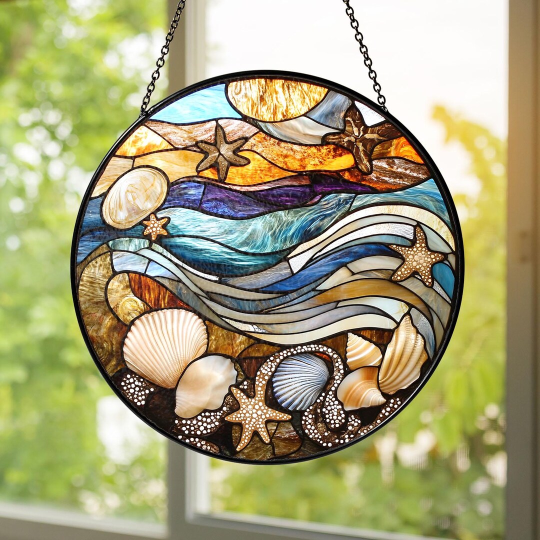Starfish Seashell Stained Glass Suncatcher: Coastal Ocean Wave Window ...