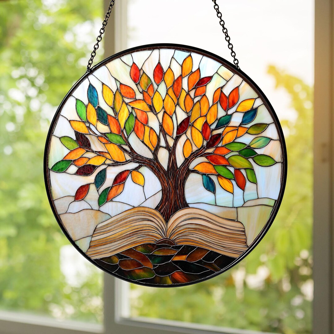 Tree of Life Stained Glass Suncatcher: Book & Tree Window Art - Etsy