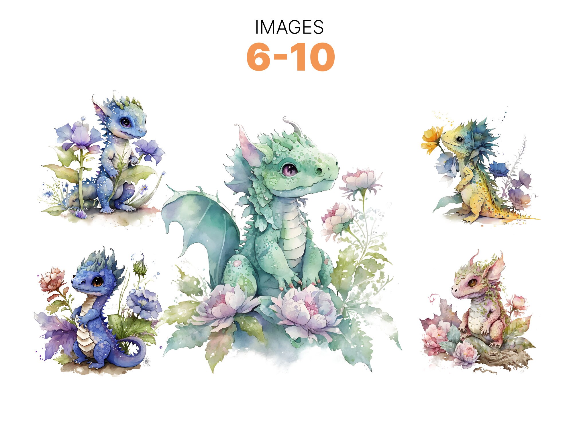 Digital Watercolor Dragon Clipart Set Colorful Fantasy - Etsy
