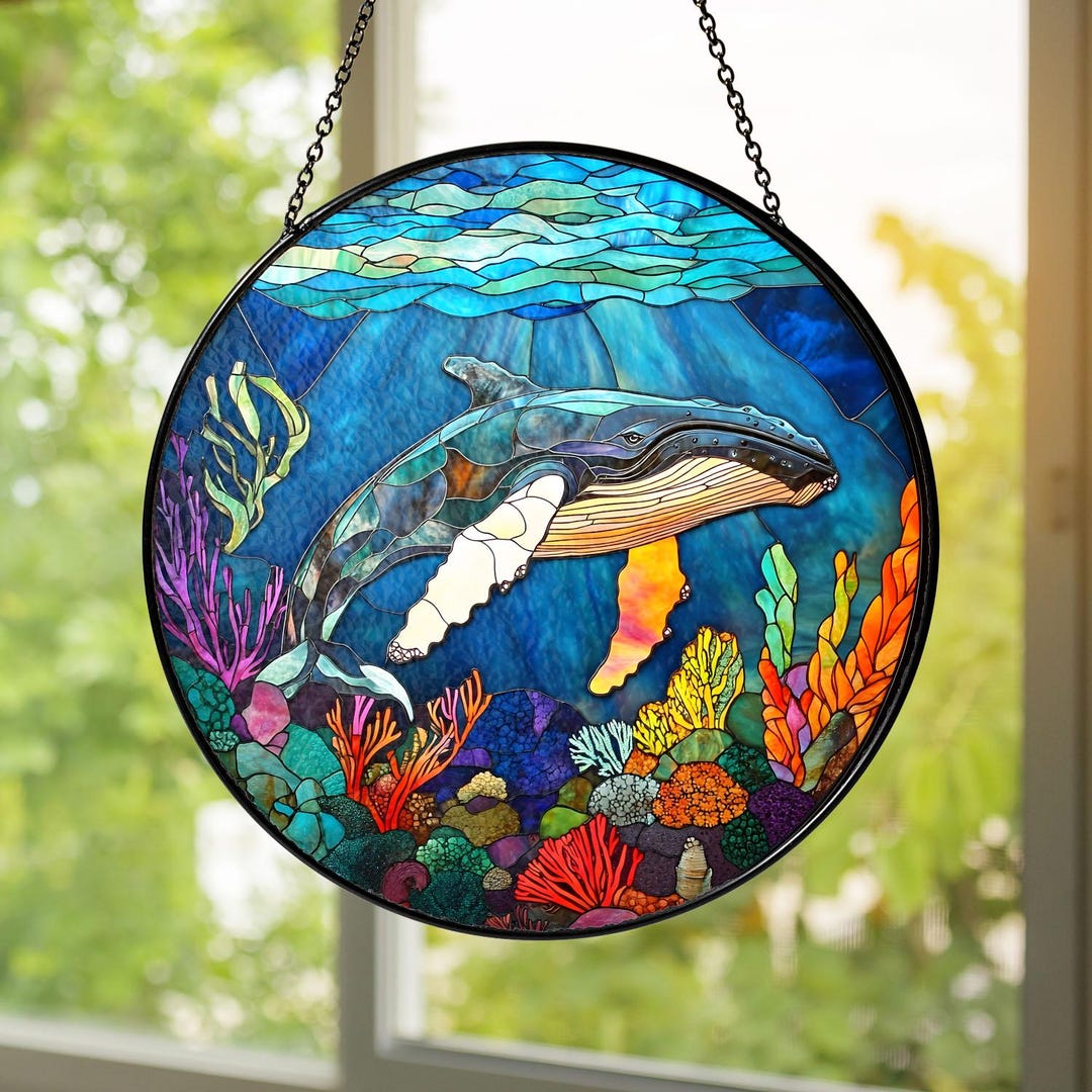 Whale Stained Glass Suncatcher – Ocean Coral Reef Window Hanging ...