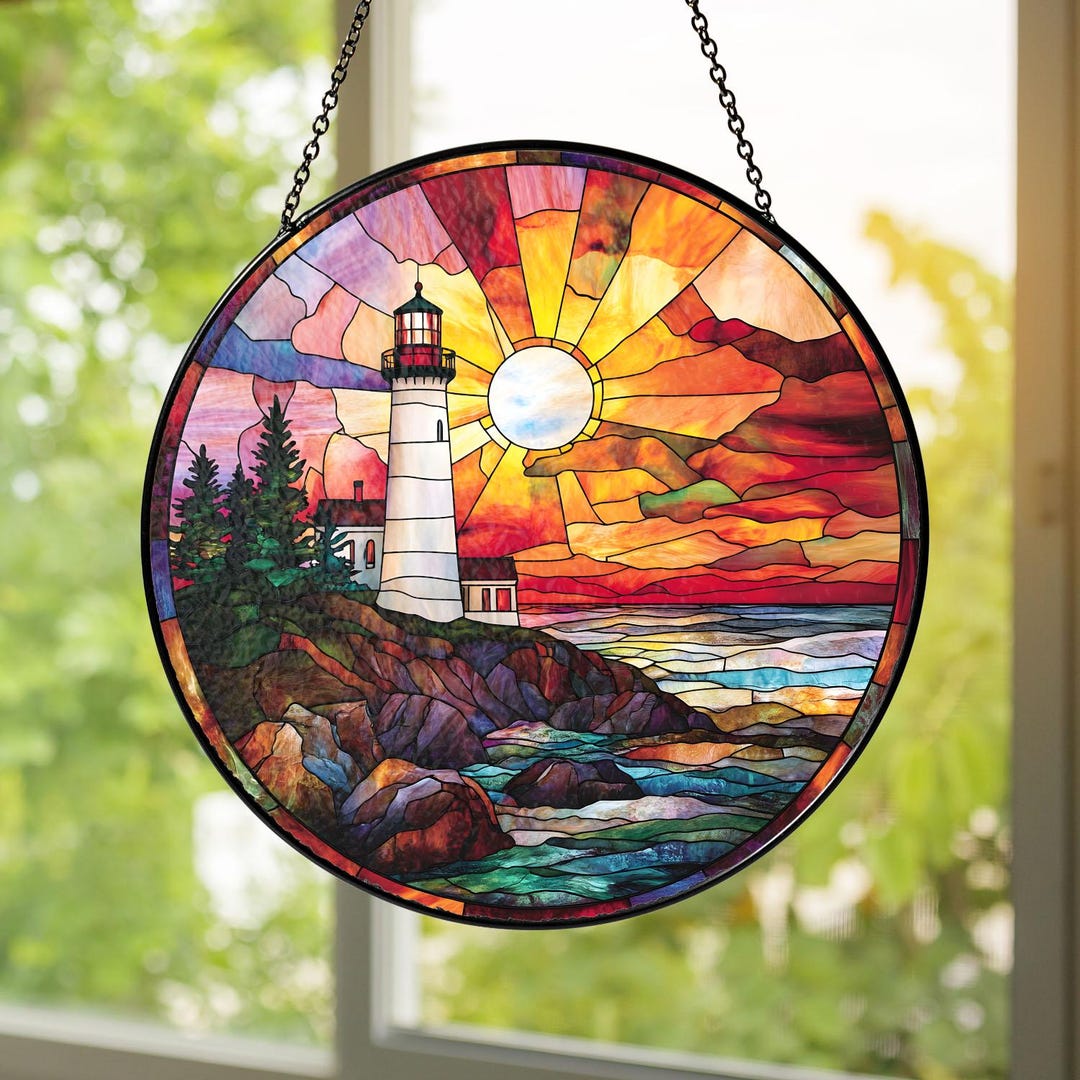 Lighthouse Sunset Stained Glass Suncatcher – Coastal Ocean Window ...
