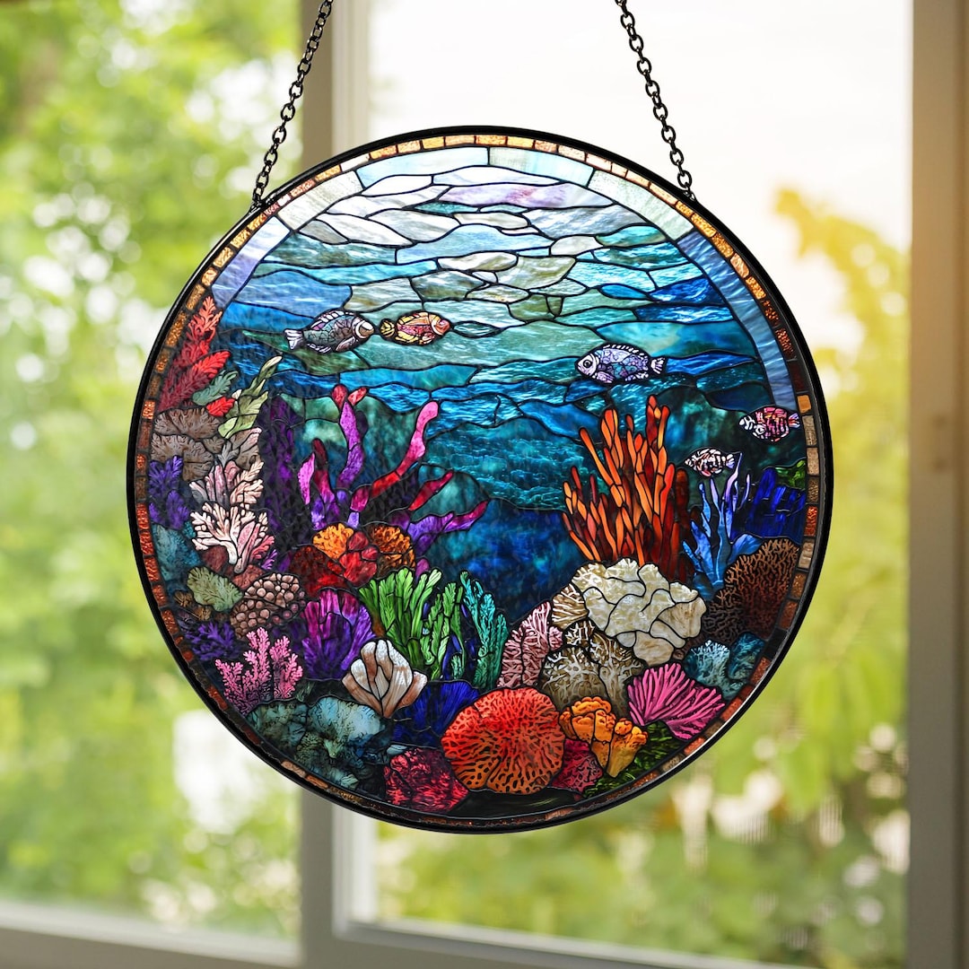 Colorful Coral Reef Stained Glass Suncatcher With Fish – Ocean ...