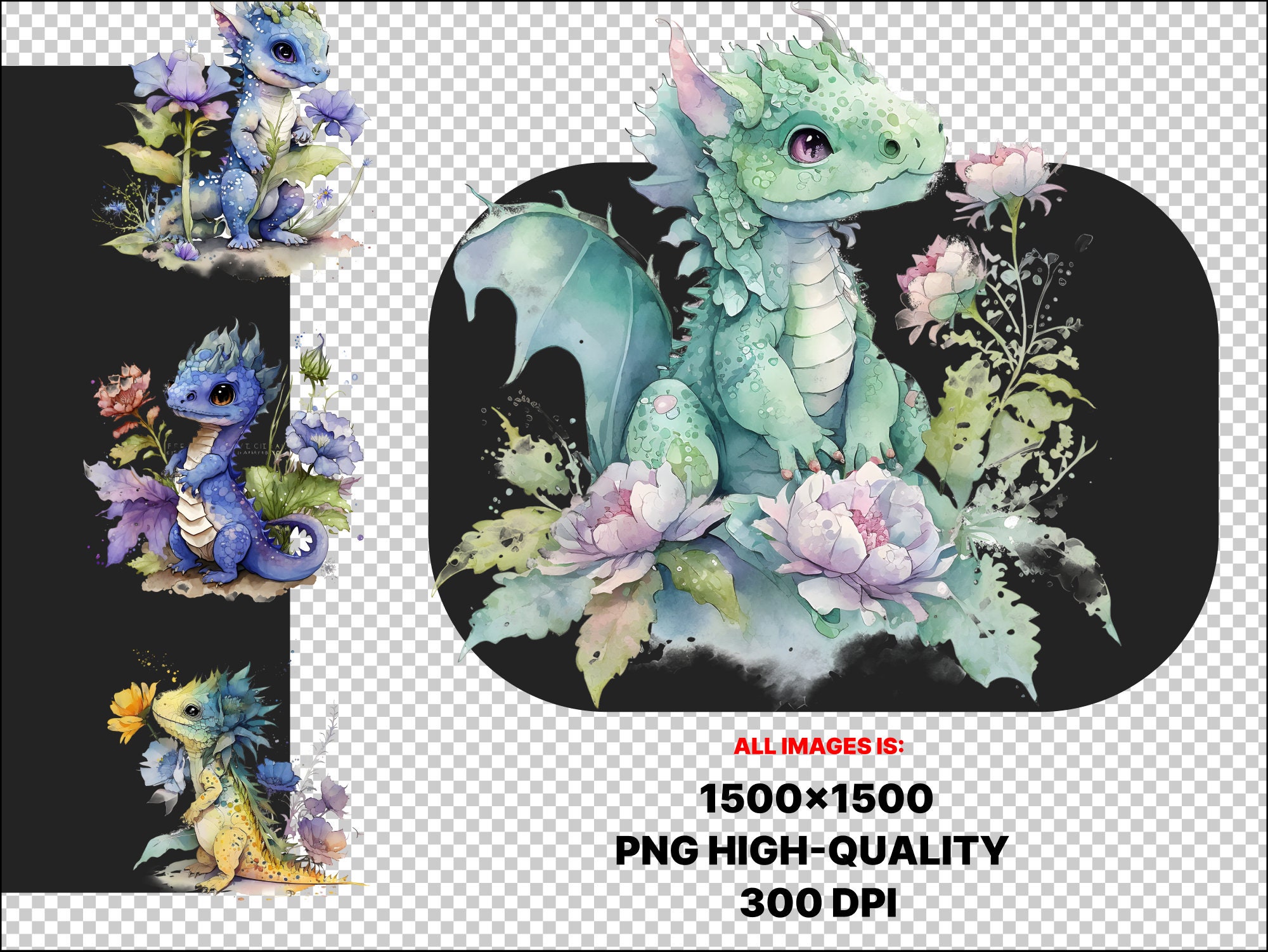 Digital Watercolor Dragon Clipart Set Colorful Fantasy - Etsy