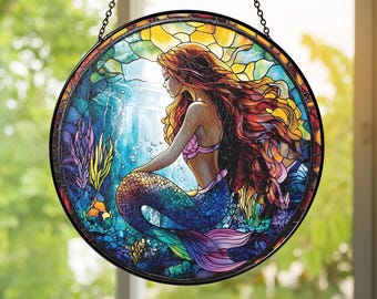 Stained Glass Panel, Handcrafted Mermaid Stained Glass Window Panel ...