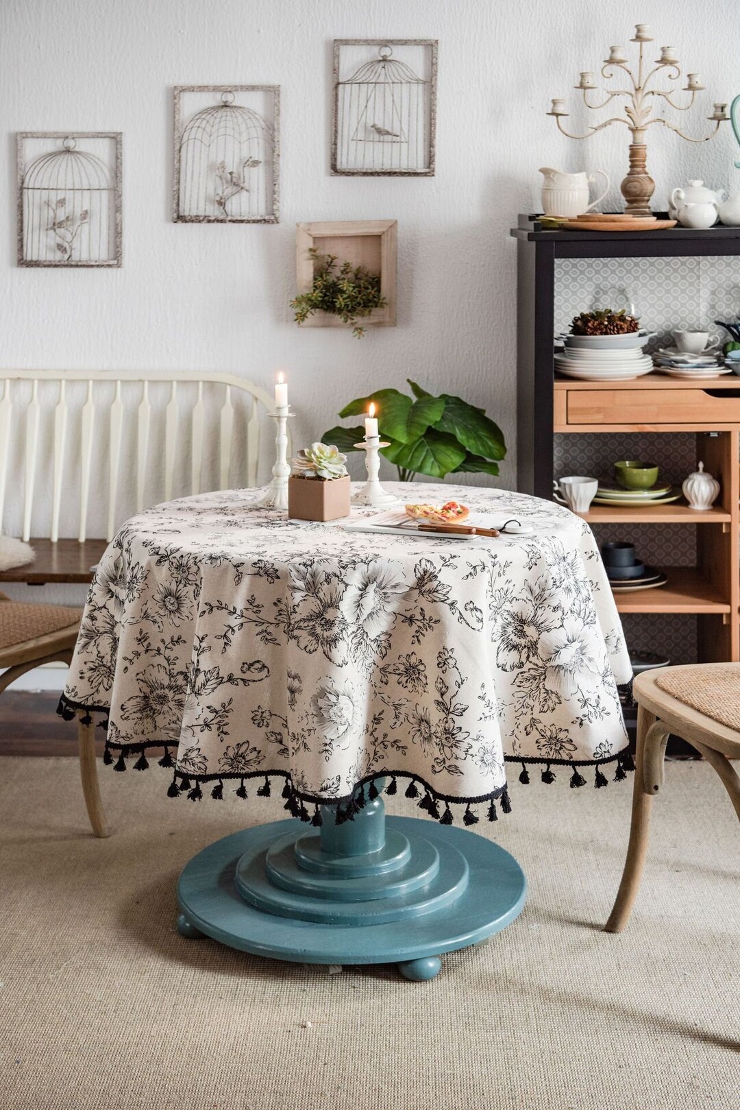 60 Vintage Floral Round Tablecloth With Tassels, Flower Print ...