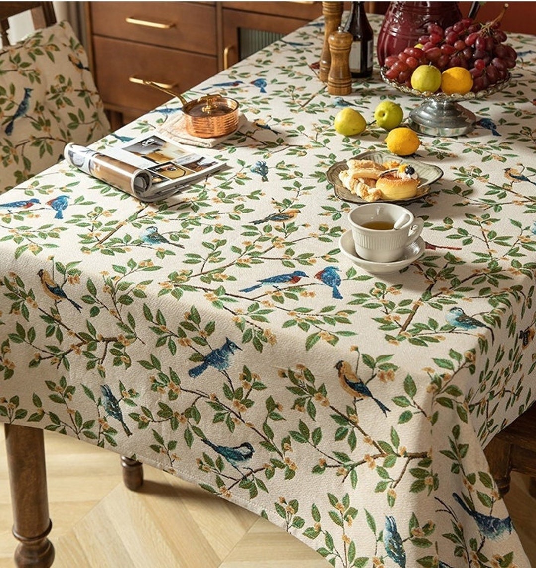 Vintage Tablecloth, Bird Table Cover, Branch Jacquard Tablecloth, Thick ...