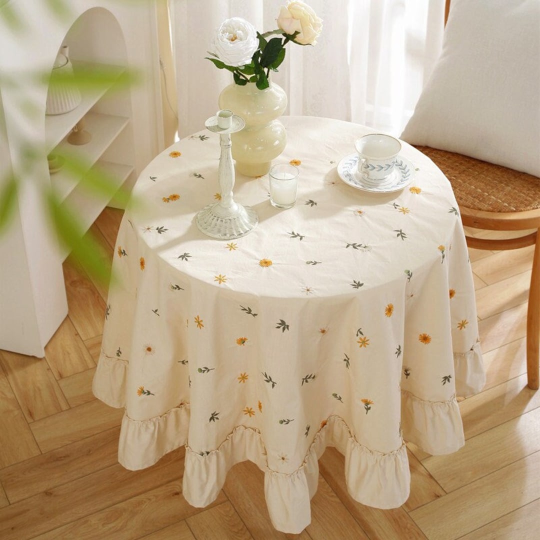 Embroidered Floral Round Tablecloth, Vintage Ruffled Table Cloth ...