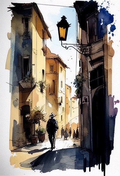 Vintage Italian Street Art Watercolor Painting, City Street Art ...