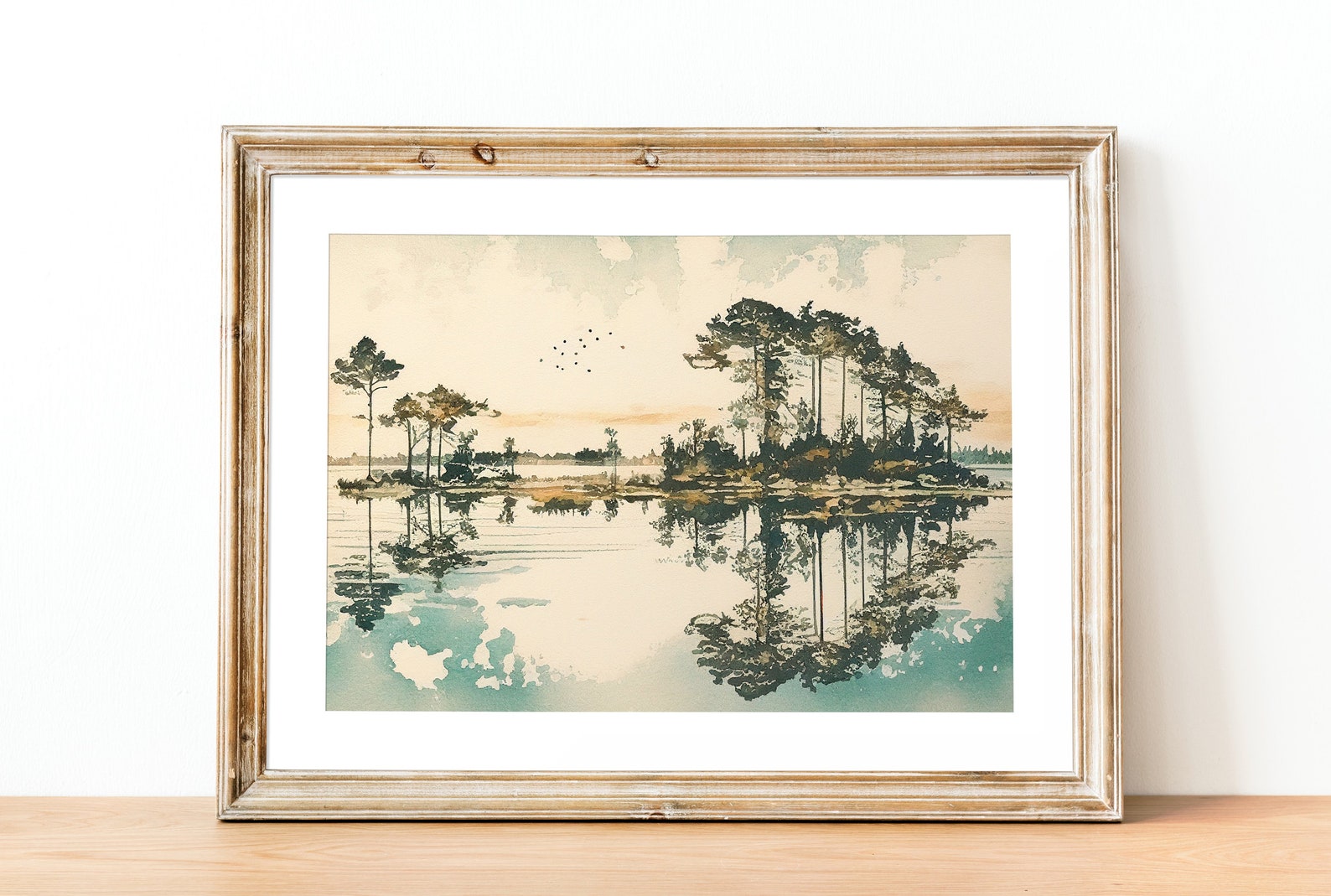 Lake Print Wall Art, Coast With Trees and Reflections on Water, Vintage ...