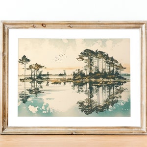 Lake Print Wall Art, Coast With Trees and Reflections on Water, Vintage ...