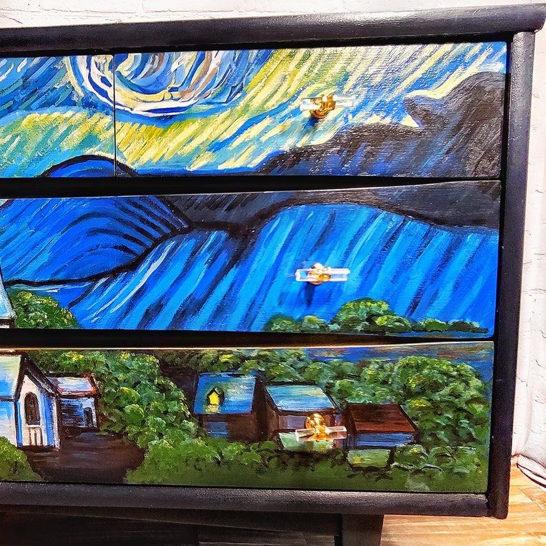 Vincent Van Gogh Starry Night Inspired MCM Kroehler Handpainted Dresser ...