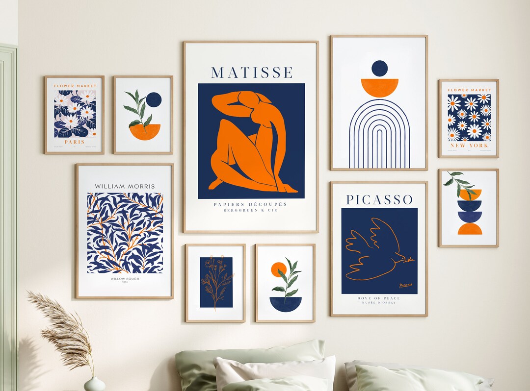 Navy Blue and Orange Print Bundle Abstract Gallery Wall Set Modern Art ...