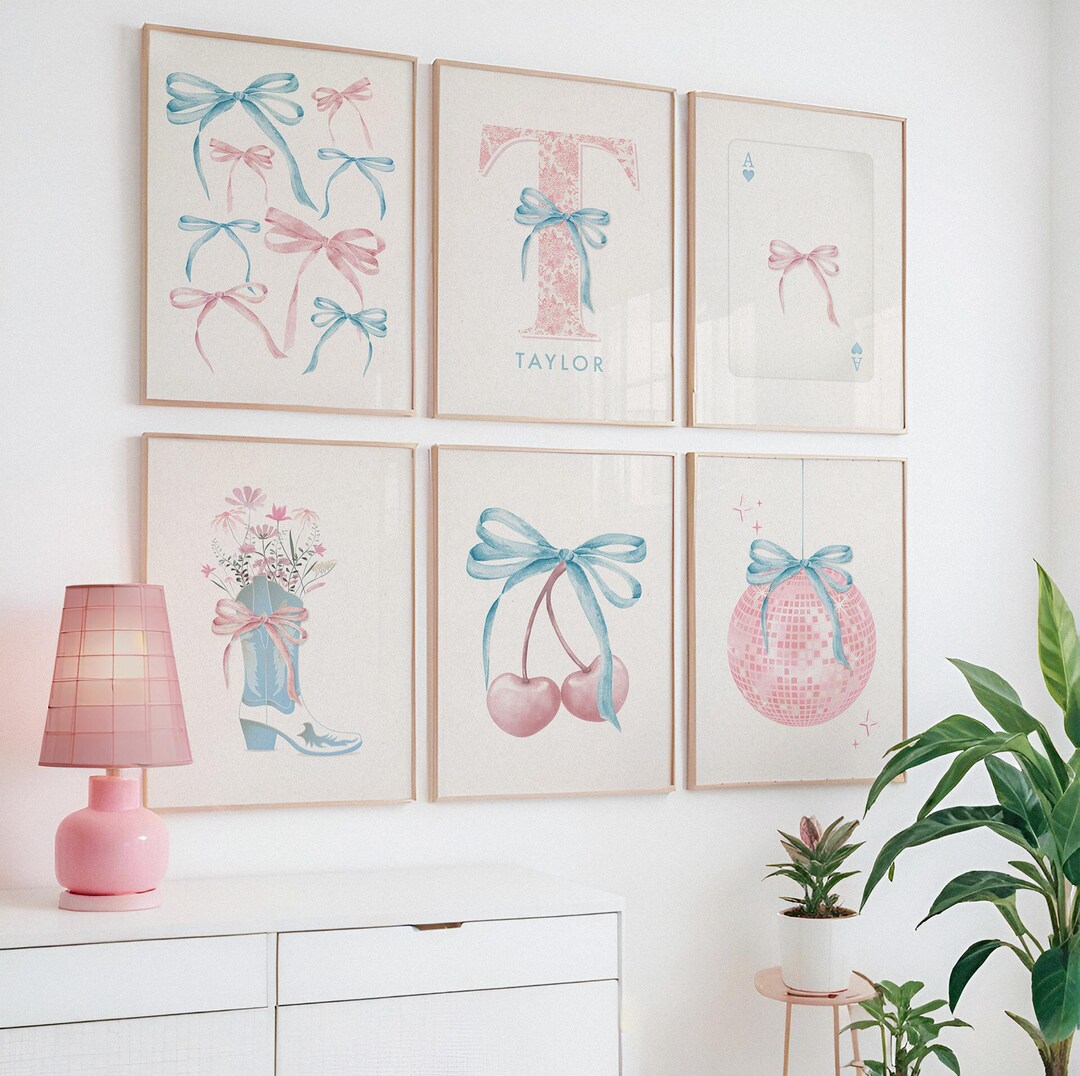 Personalised Name Wall Art Bundle of 9 Printable Blue & Pink Coquette ...