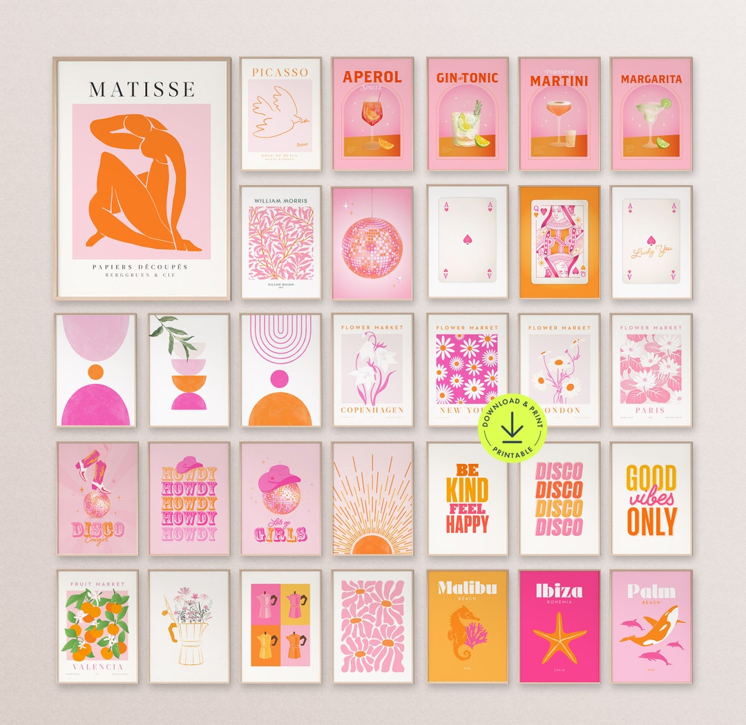 Pink Orange Print Bundle Preppy Gallery Wall Set Printable Dorm Room ...