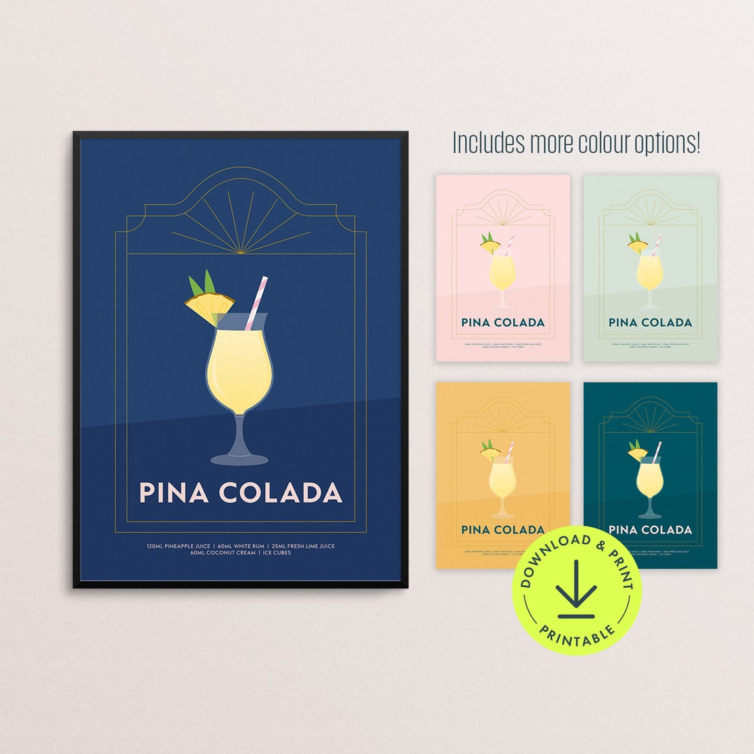 Pina Colada Cocktail Print Vintage Cocktail Print Retro Bar Wall Art ...