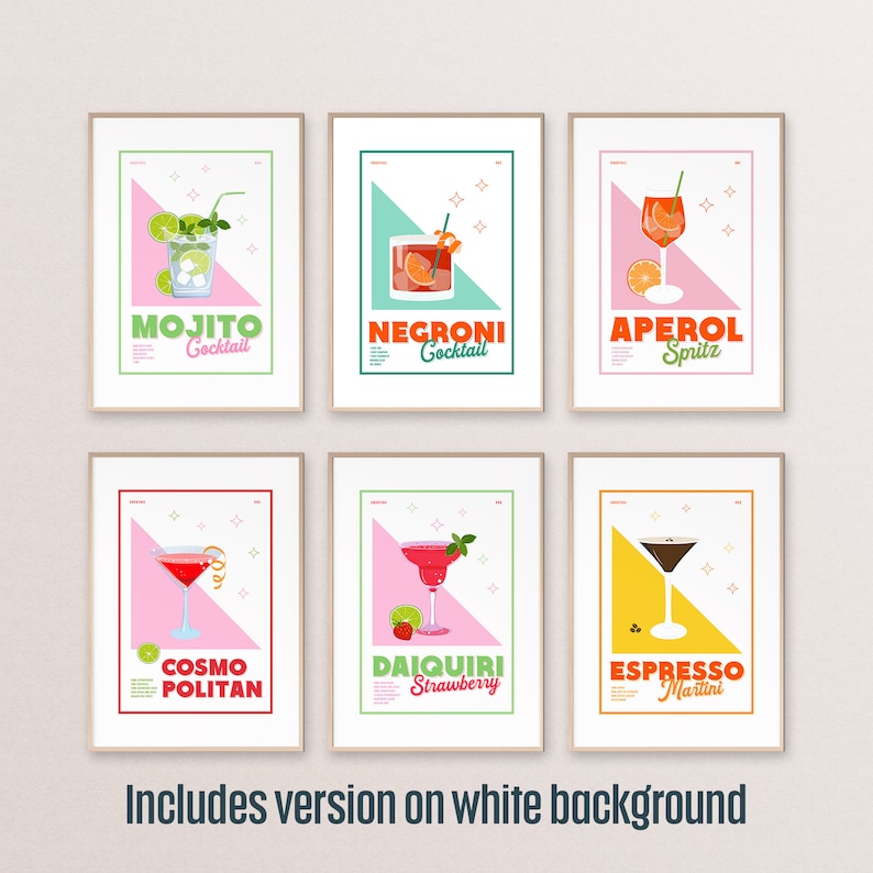 Retro Cocktail Drink Posters Printable Bar Cart Gallery Wall Set of 6 ...